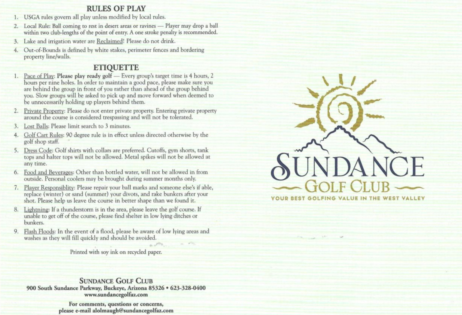 Course Info - Sundance Golf Club